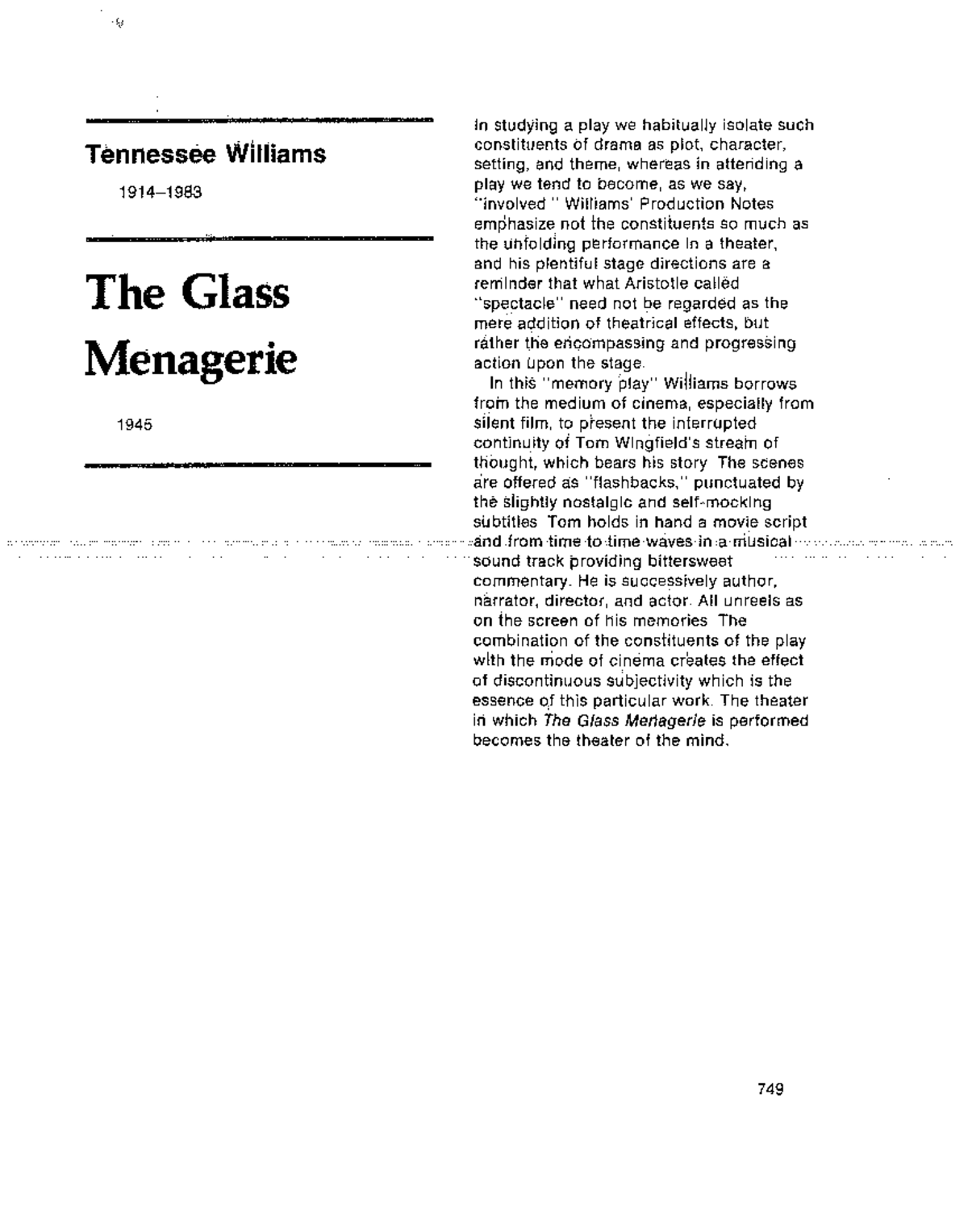 The+Glass+Menagerie - The Glass Managerie - In studying a play we ...