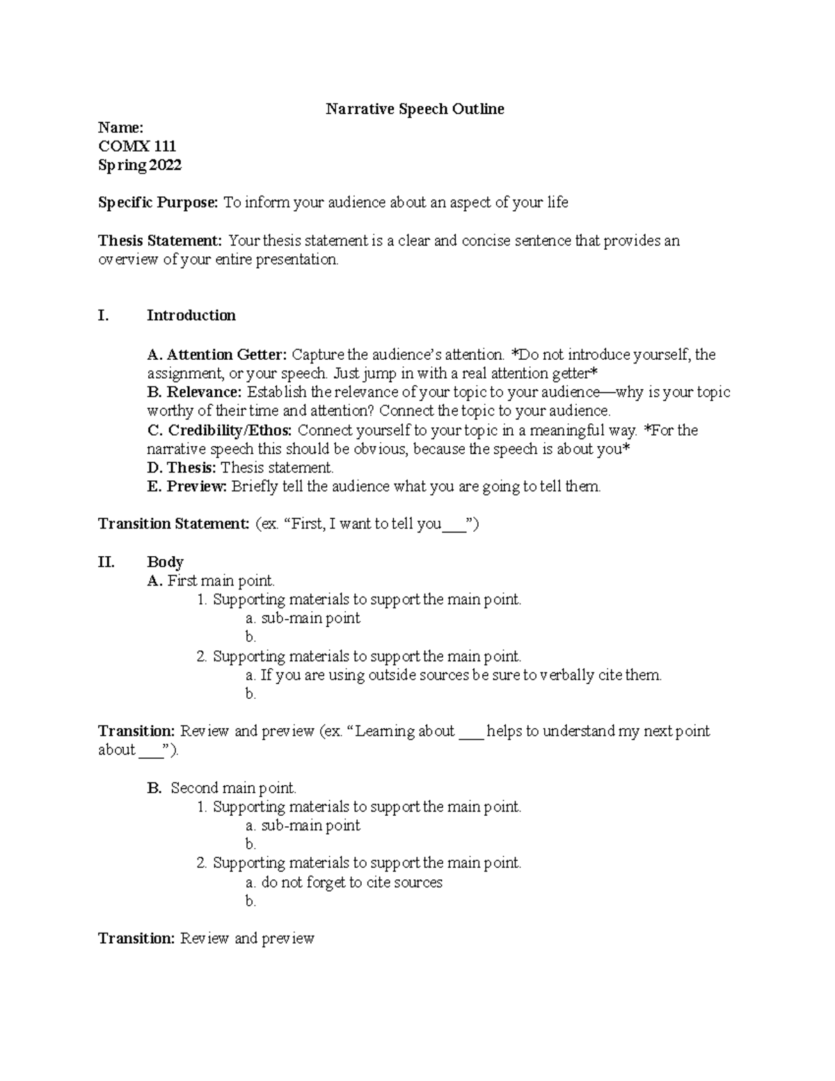 Narrative Speech Outline (4) - Narrative Speech Outline Name: COMX 111 ...
