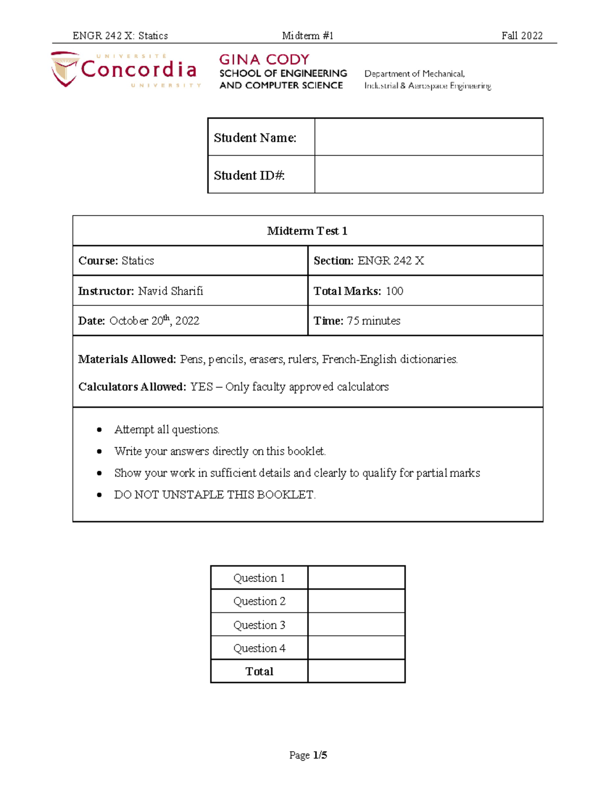 Midterm 1 - Student Name: Student ID#: Midterm Test 1 Course: Statics ...