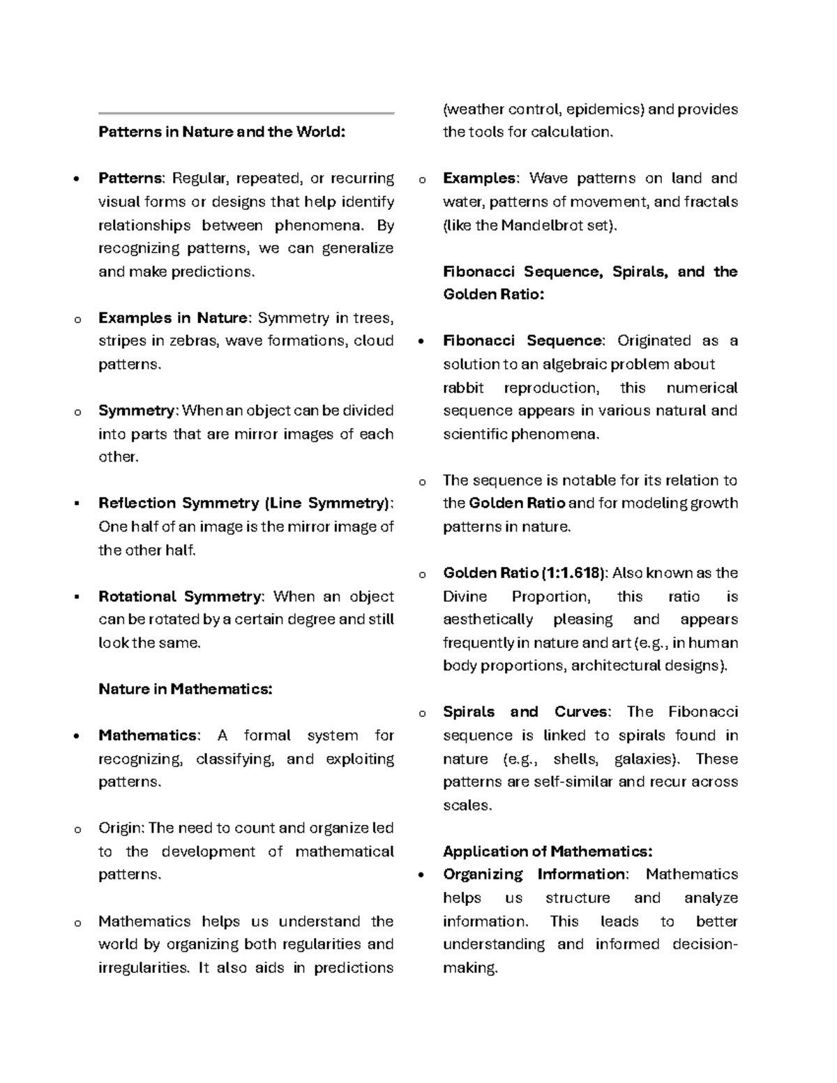 Module 1-2 Reviewer Math - Patterns in Nature and the World: Patterns: Regular, repeated, or ...