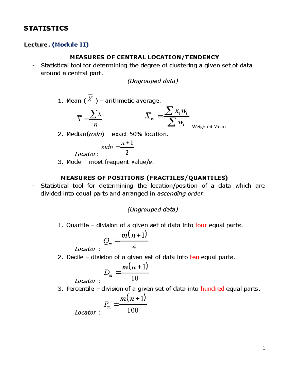 Statistics Module Part 2 Statistics Lecture Module Ii Measures Of Central Locationtendency