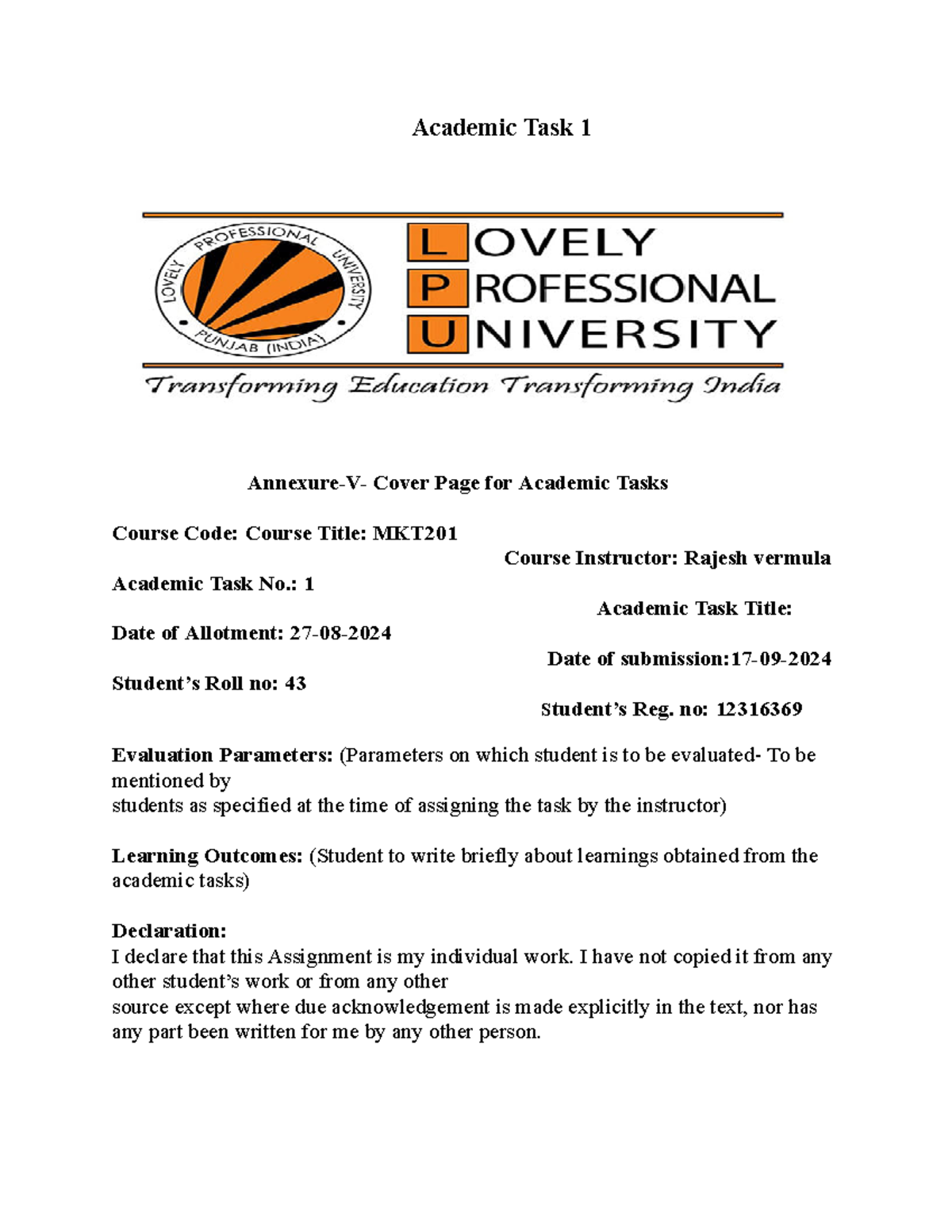 Marketing ca 1 pdf - Academic Task 1 Annexure-V- Cover Page for Academic Tasks Course Code ...