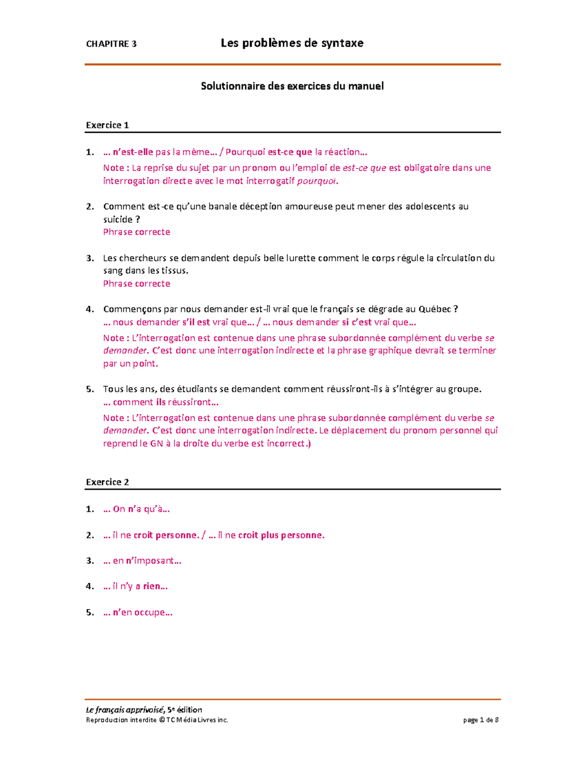 Ch03 solutionnaire exercices 1614634821 - CHAPITRE 3 Les problËmes de syntaxe Le franÁais - Studocu
