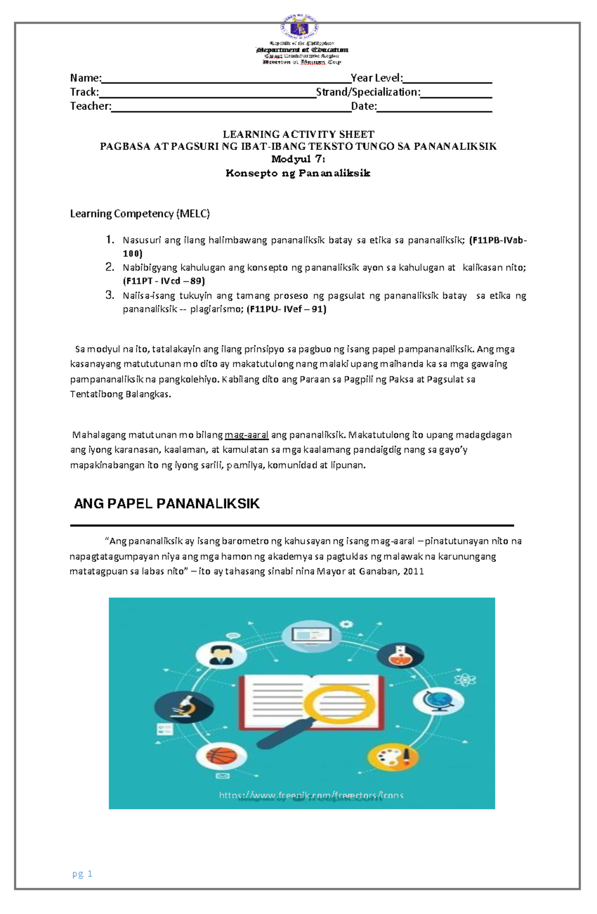 Pagbasa AT Pagsuri LAS7 start of 4th quarter - Name: Year Level: Track ...