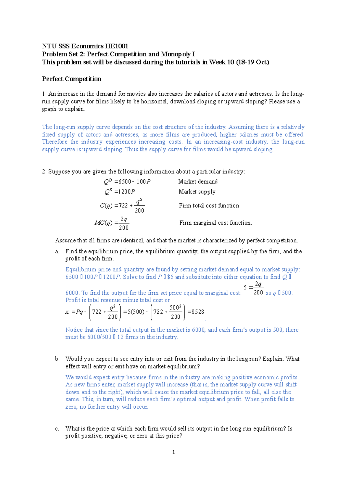 Tutorial 9 answers - nil - NTU SSS Economics HE Problem Set 2: Perfect Competition and Monopoly ...