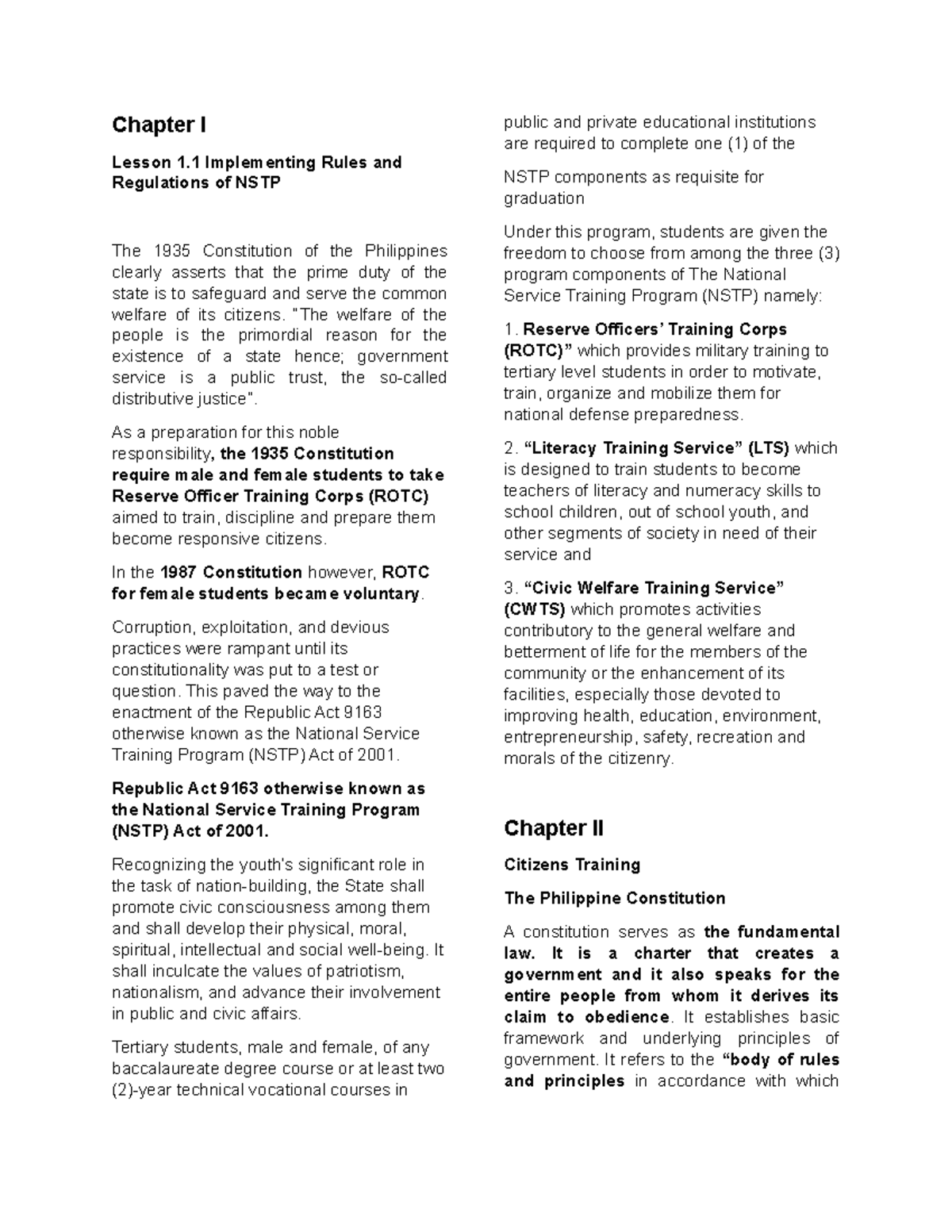 Nstp-reviwer-midterms - Chapter I Lesson 1 Implementing Rules and Regulations of NSTP The 1935 ...