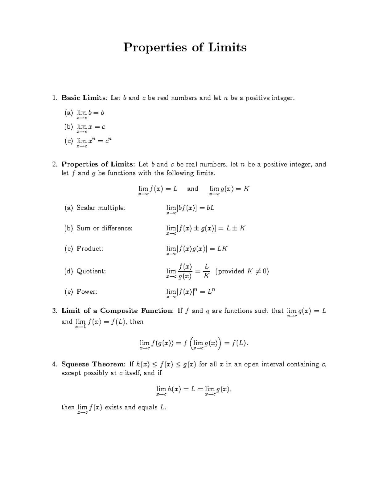 Limit Properties - These will help! - Properties of Limits Basic Limits: Let b and c be real ...