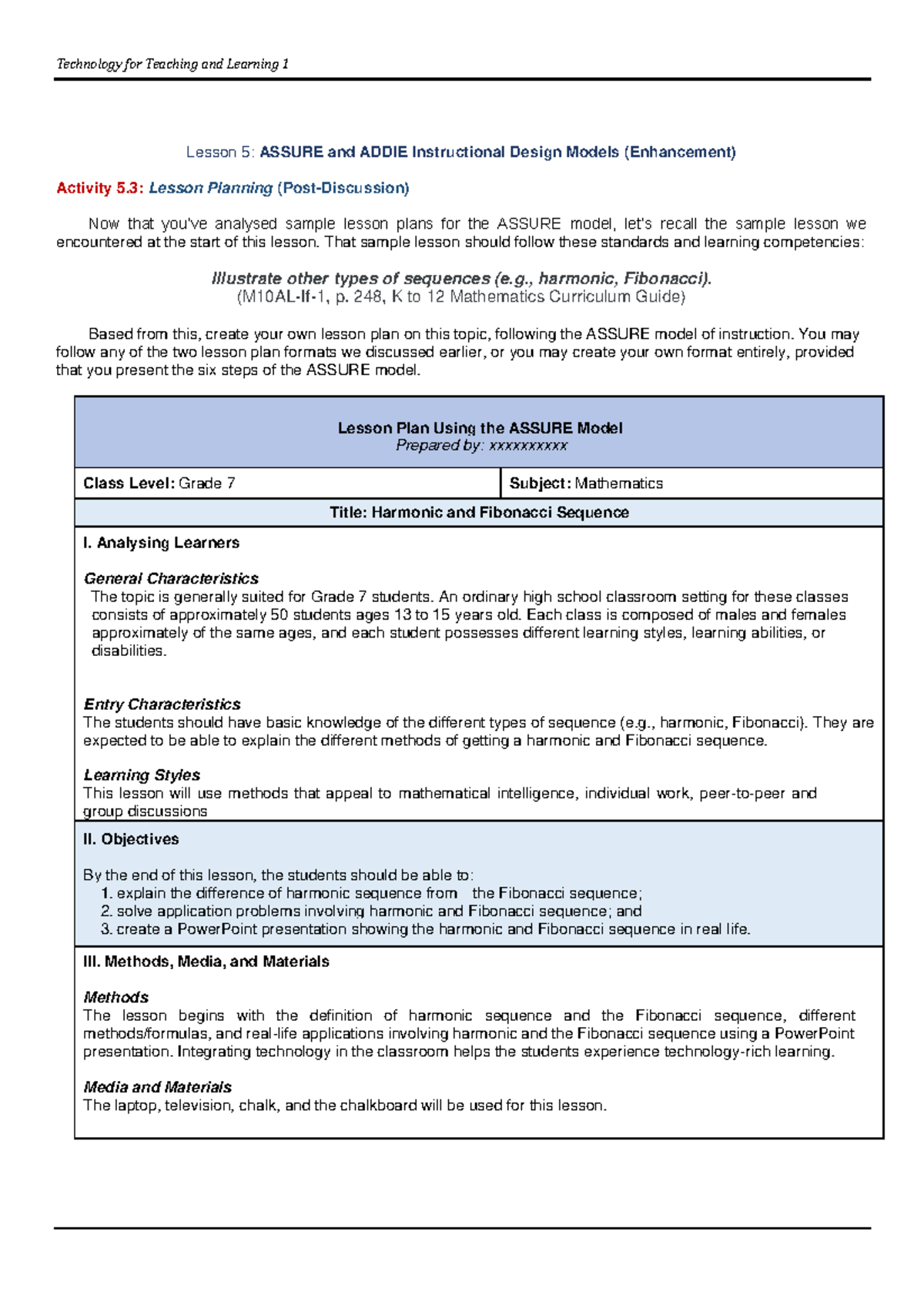 Lesson Planning Assure And Addie Instructional Design Models