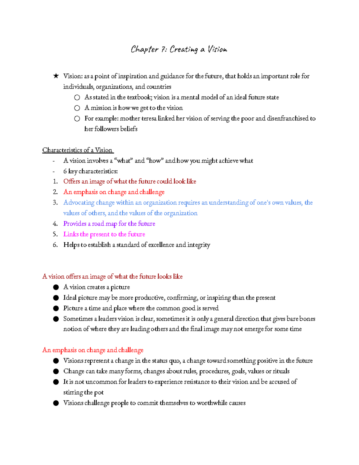Ol 140 ch7 - Chapter 7: Creating a Vision ★ Vision: as a point of ...