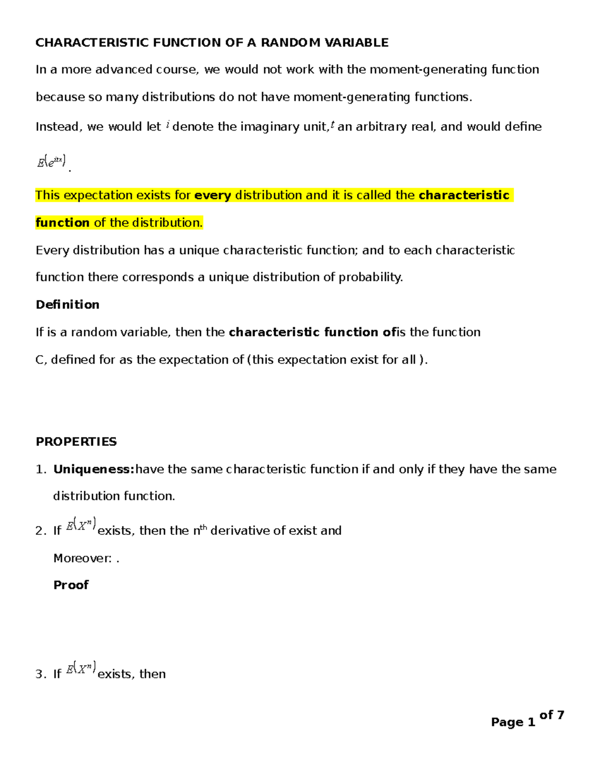 STA227-Week11 - NONE - CHARACTERISTIC FUNCTION OF A RANDOM VARIABLE In ...