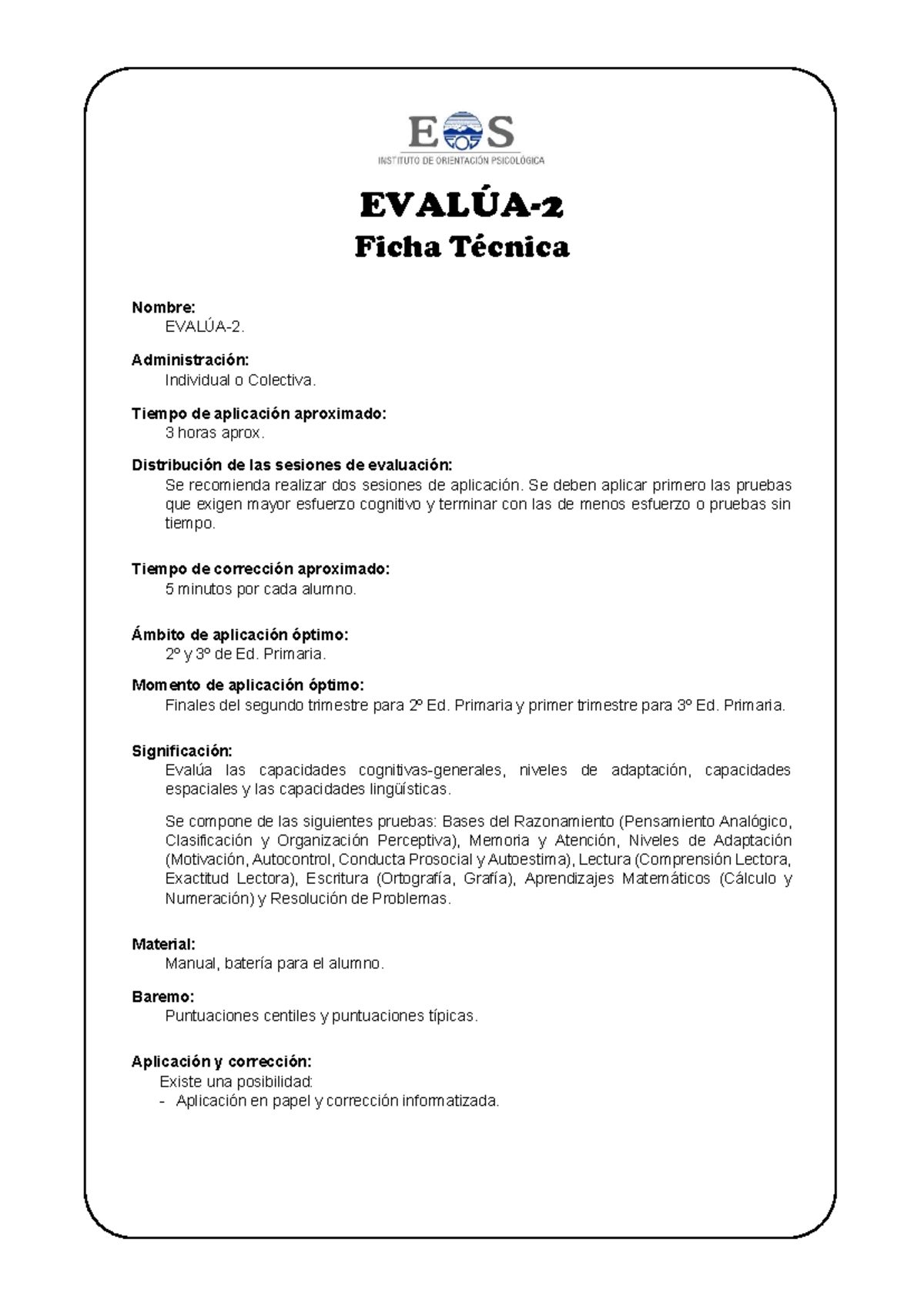 Evalua-2 FT - ELABORACION DE FICHAS TECNICAS - EVALÚA- Ficha Técnica Nombre: EVALÚA-2. - Studocu
