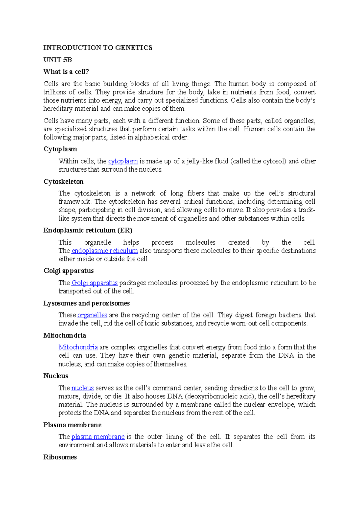 UNIT 5 B. Introduction TO Genetics - INTRODUCTION TO GENETICS UNIT 5B ...