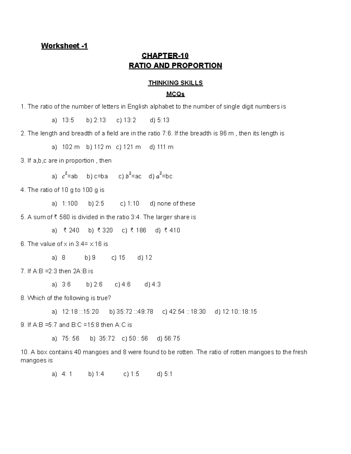 W 1 Ratio and Proportion - Worksheet - CHAPTER- RATIO AND PROPORTION ...