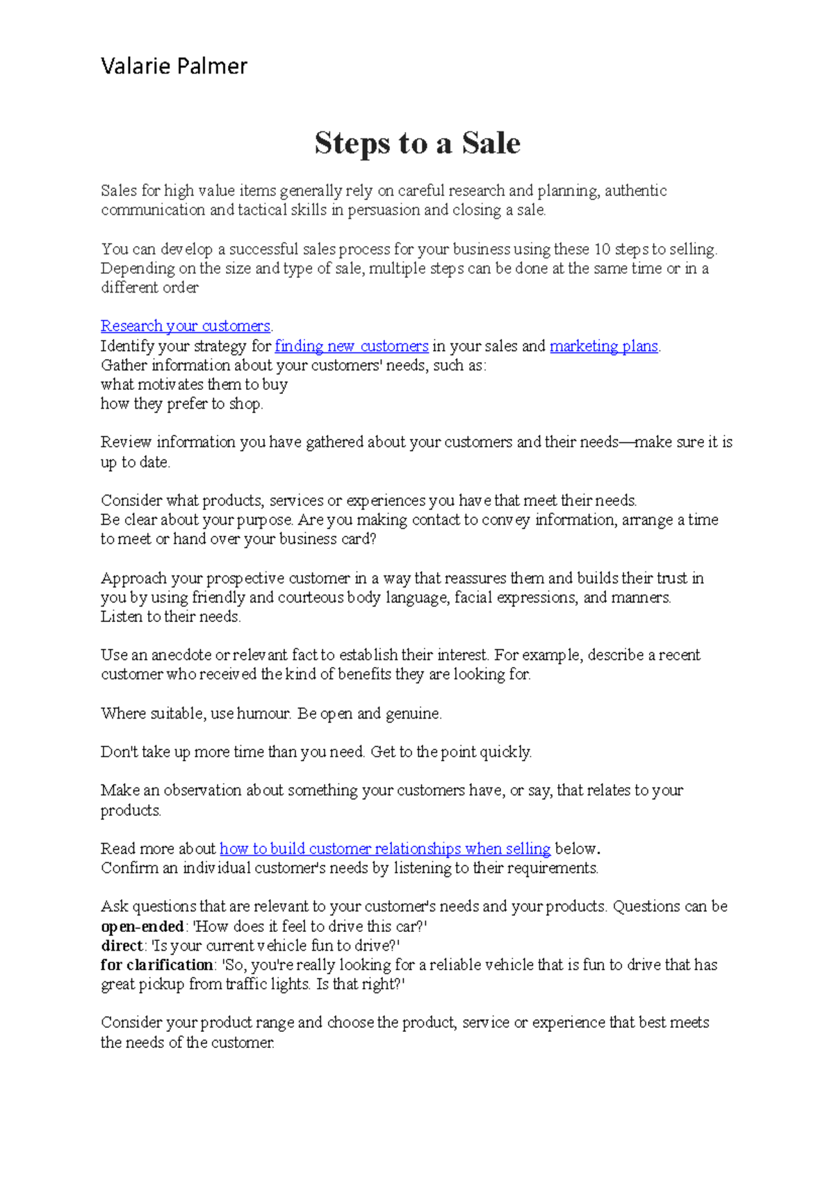 Steps to a Sale - Sales for high value items generally rely on careful ...