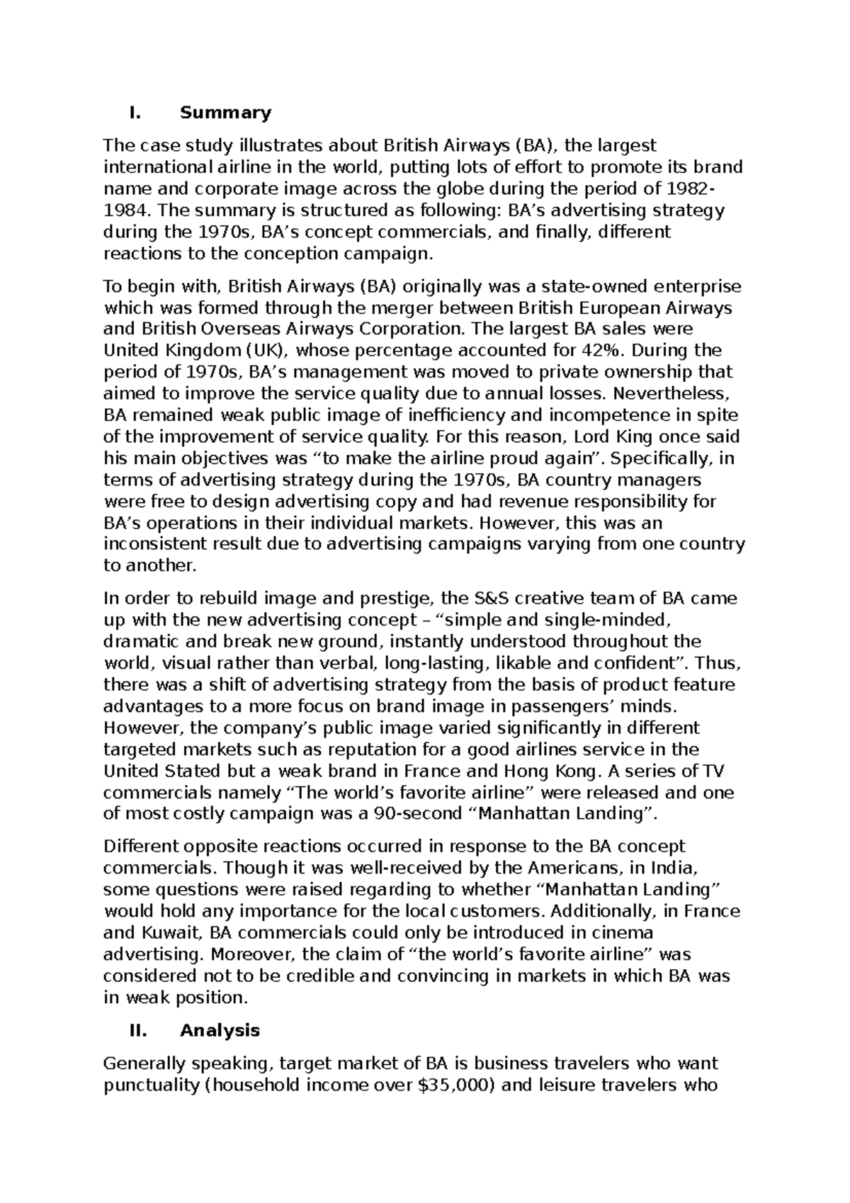 British Airways case analysis - I. Summary The case study illustrates ...