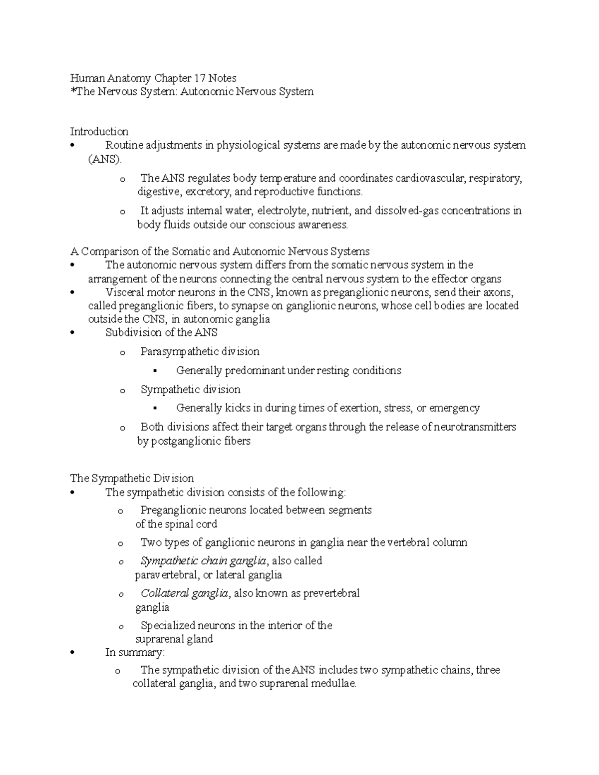 HCS212 Chapter 17 Notes - Human Anatomy Chapter 17 Notes *The Nervous ...