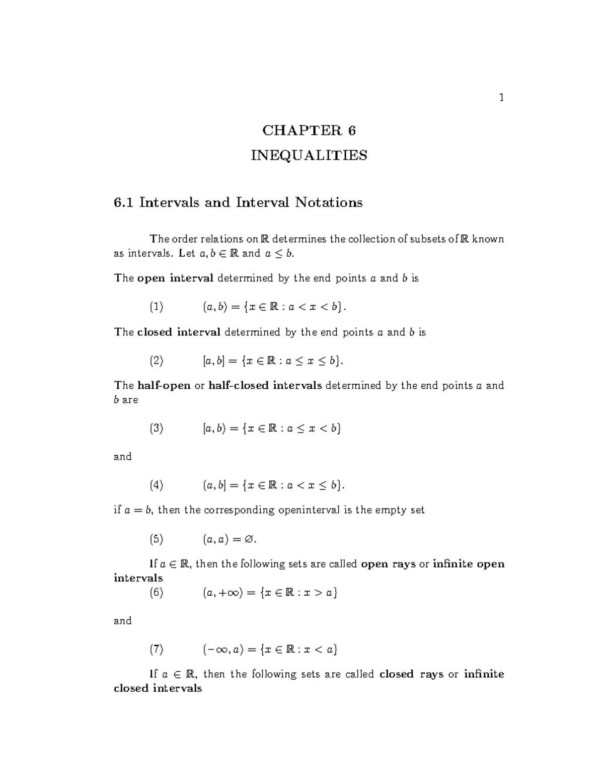 Chapter-6-1 - CHAPTER 6 INEQUALITIES 6 Intervals and Interval Notations The order relations on R ...