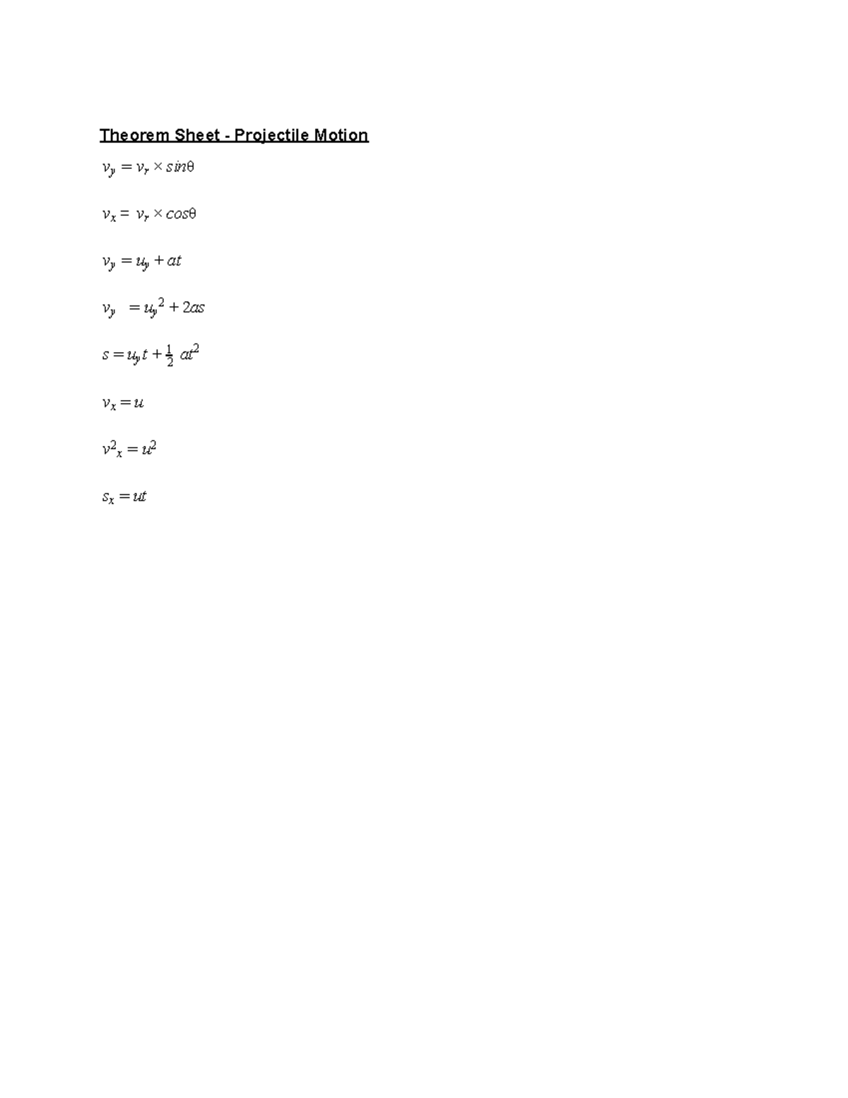 Mod5 Physics HSC - Theorem Sheet - Projectile Motion vy = vr × sin θ vx ...