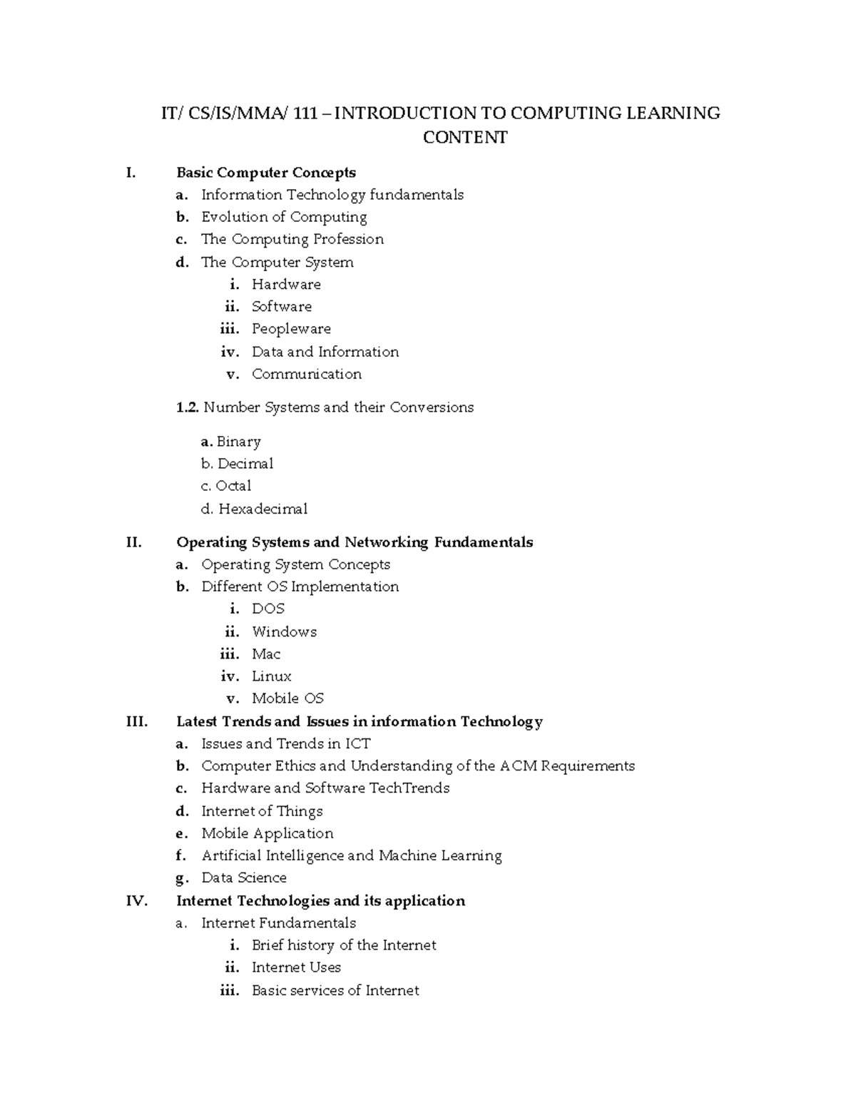 IT111 Content - Thanks - IT/ CS/IS/MMA/ 111 – INTRODUCTION TO COMPUTING LEARNING CONTENT I ...