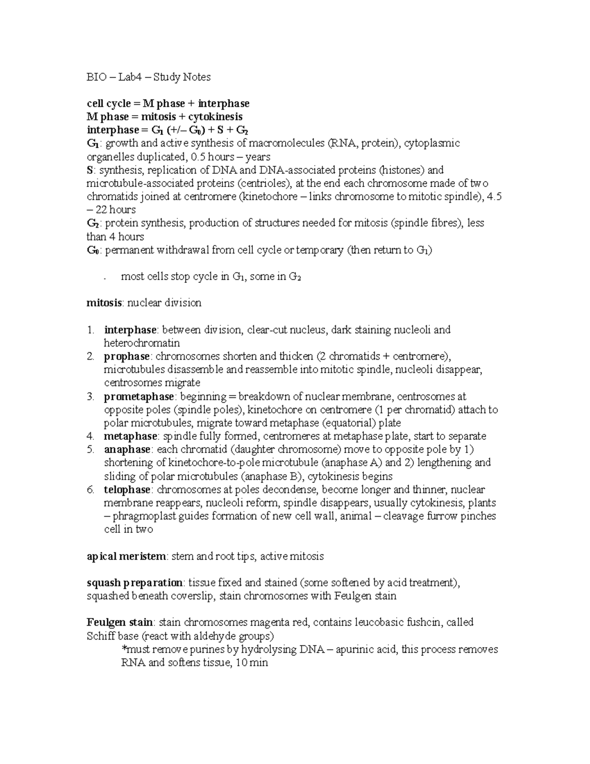 Mitosis Key Points - BIO – Lab4 – Study Notes cell cycle = M phase ...