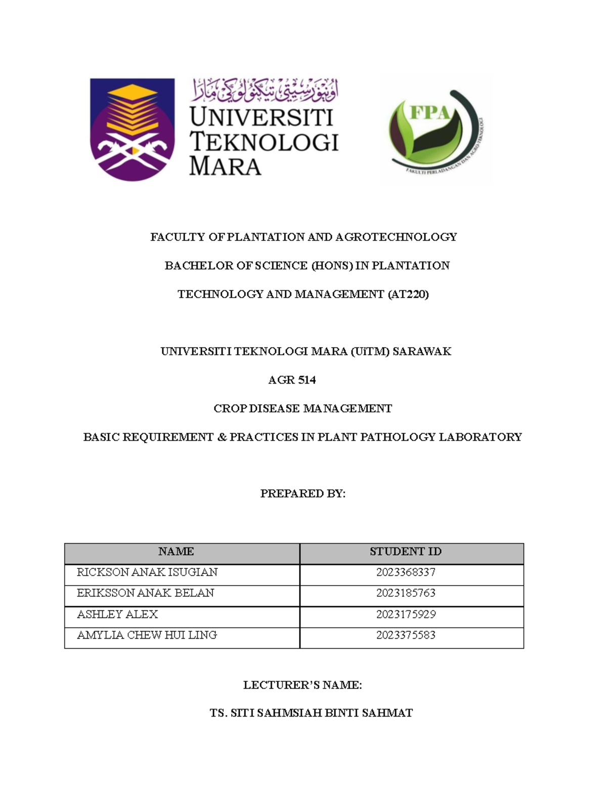 LAB514 AT2203B Basic Requirement & Practices IN Plant Pathology ...