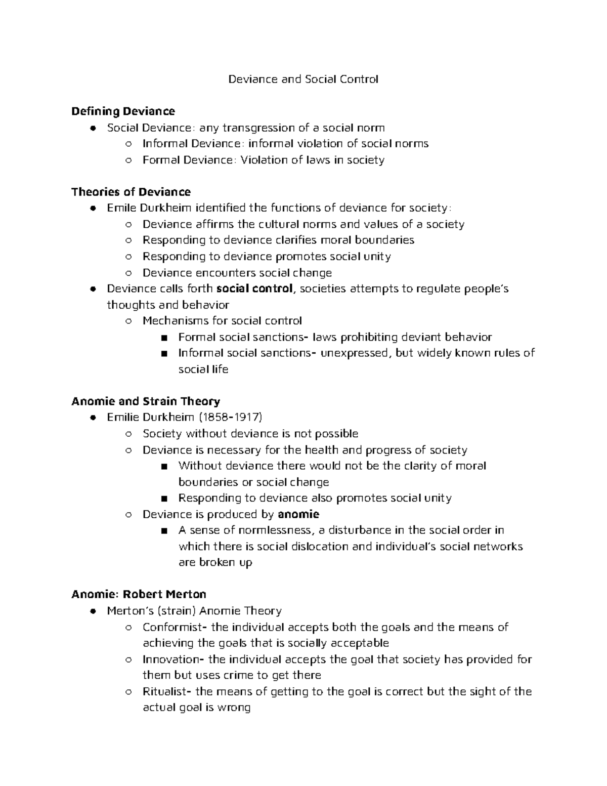 Soc Ch 6 Notes - Deviance and Social Control Defining Deviance Social ...