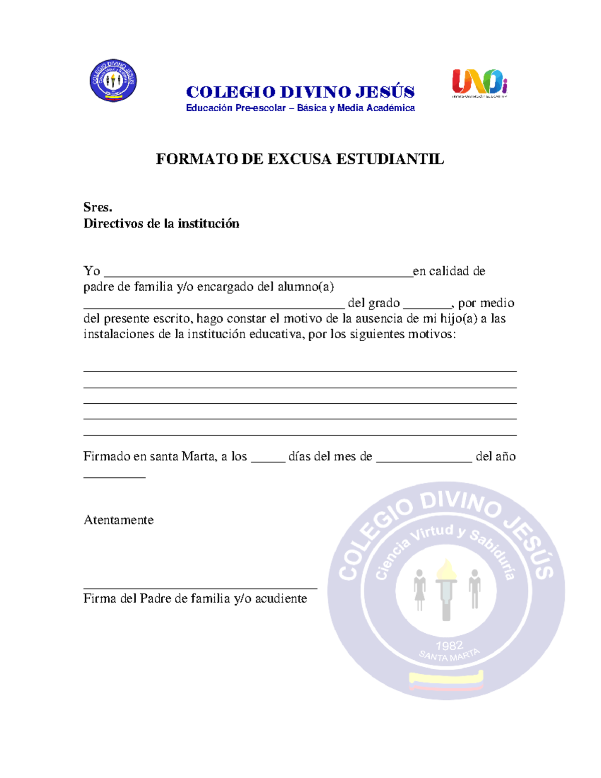 Formato DE Excusa Estudiantil Coldije - COLEGIO DIVINO JESÚS Educación ...