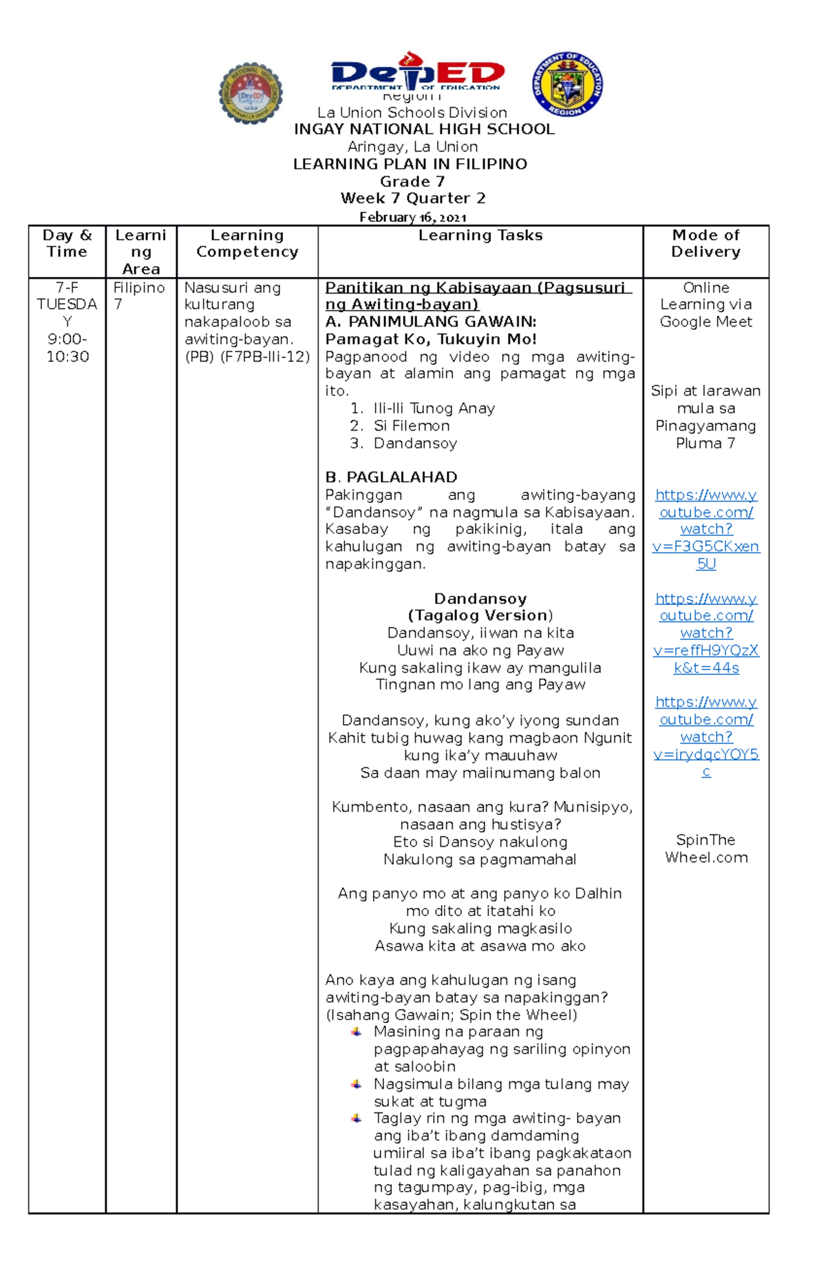 Lesson Plan Dandansoy - Region I La Union Schools Division ARINGAY ...
