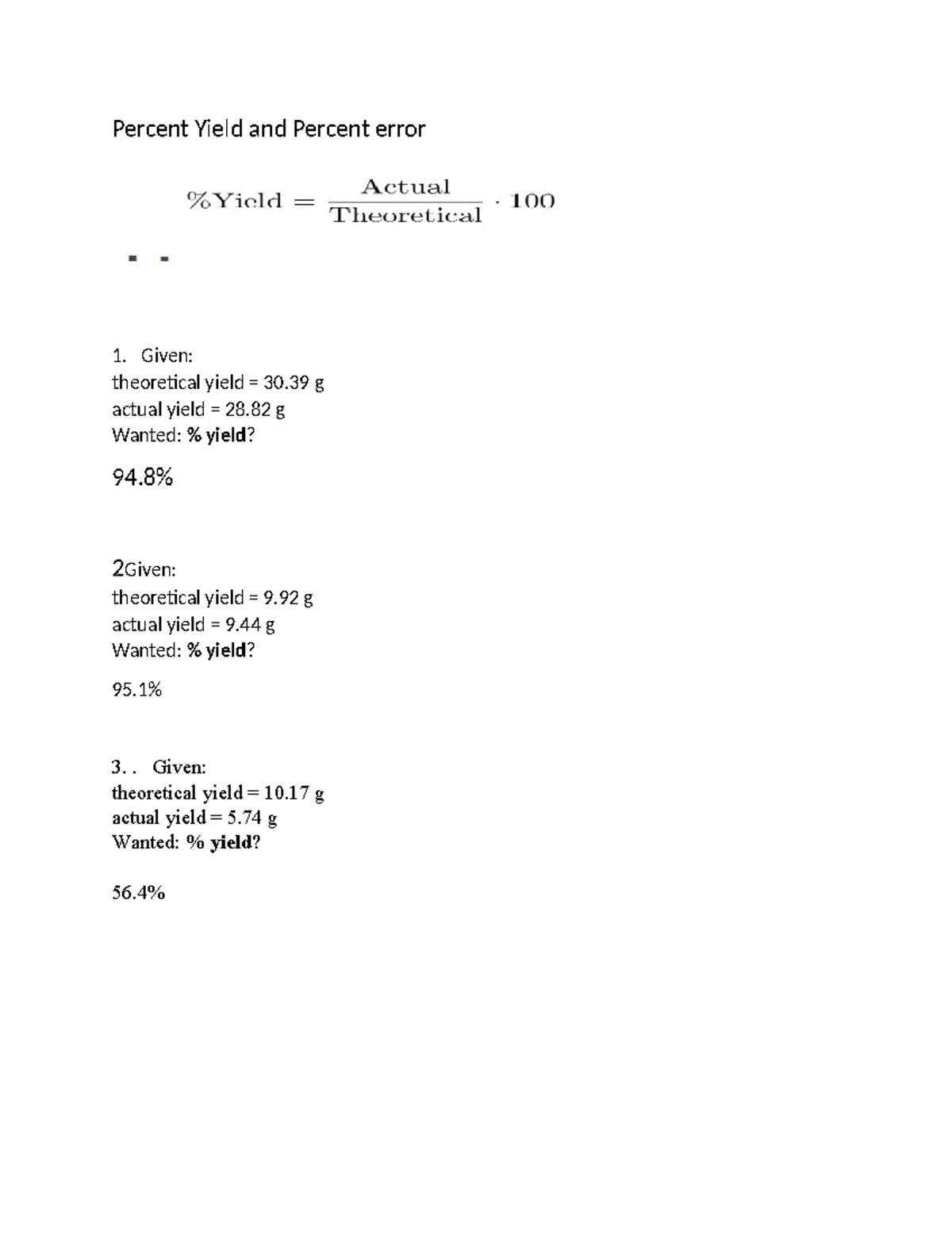 Percent yield assignment March 19 and March 20 - Percent Yield and ...
