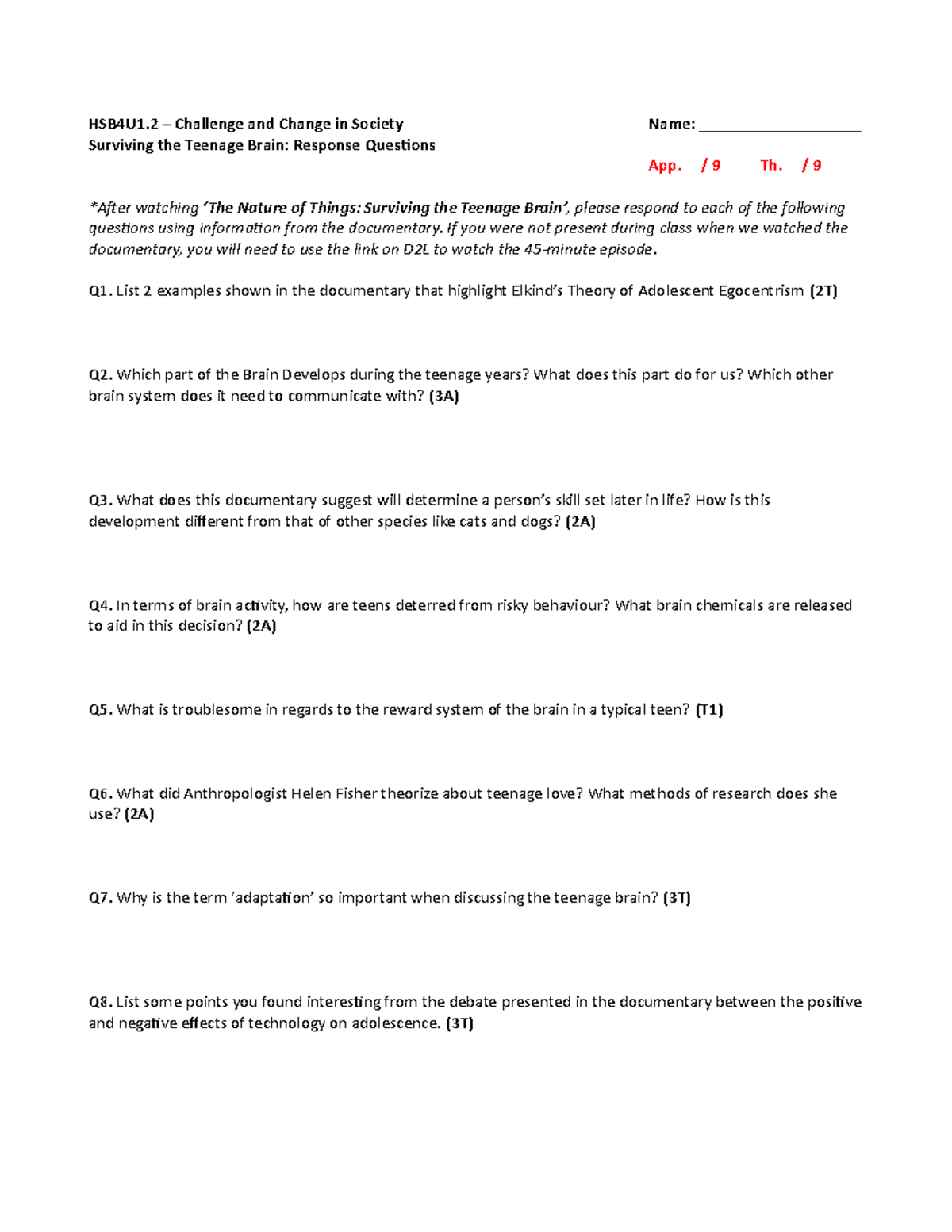 TASK - Surviving the Teenage Brain Questions - HSB4U1 – Challenge and ...