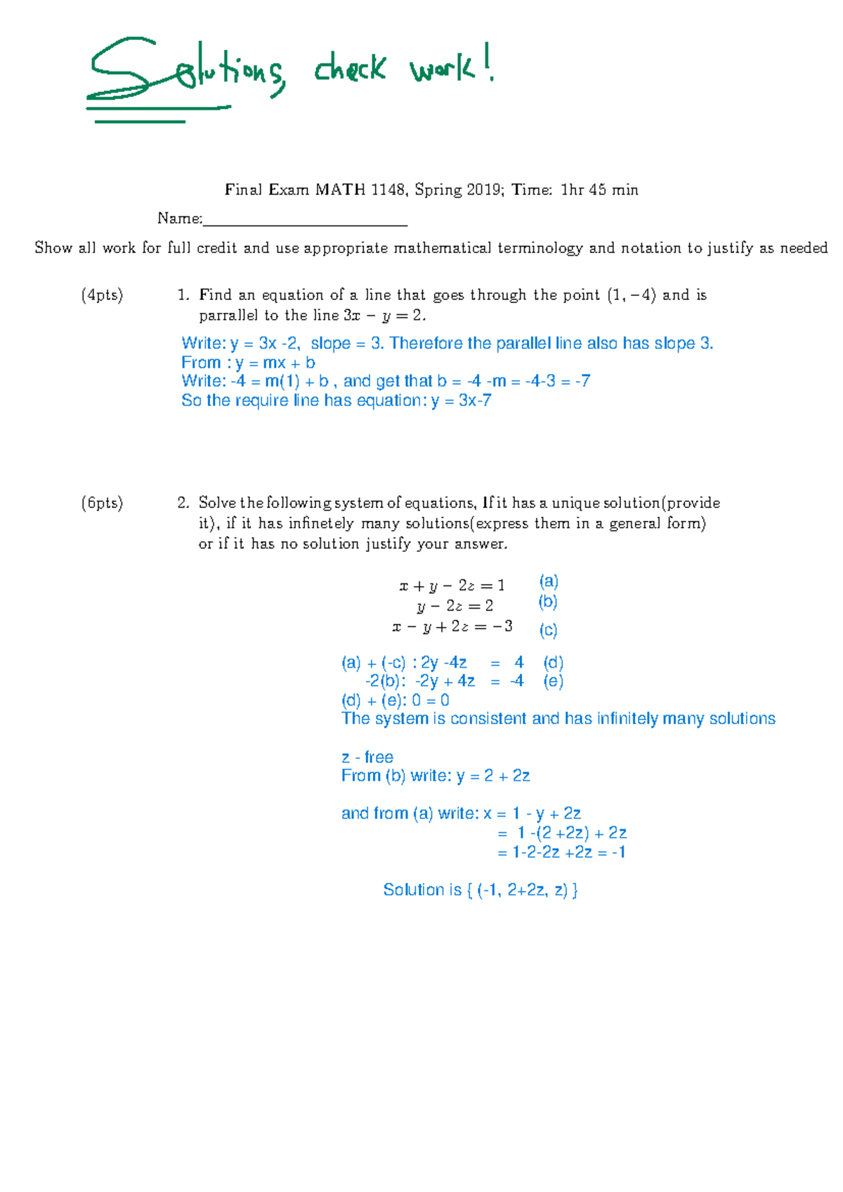 Solutions Sample Final Exam Math 1148 Final Exam Math 1148 Spring 2019 Time 1hr 45 Min 