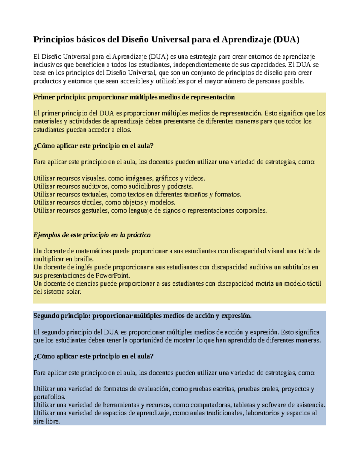 DUA - Resumen educación - Principios básicos del Diseño Universal para el Aprendizaje (DUA) El ...