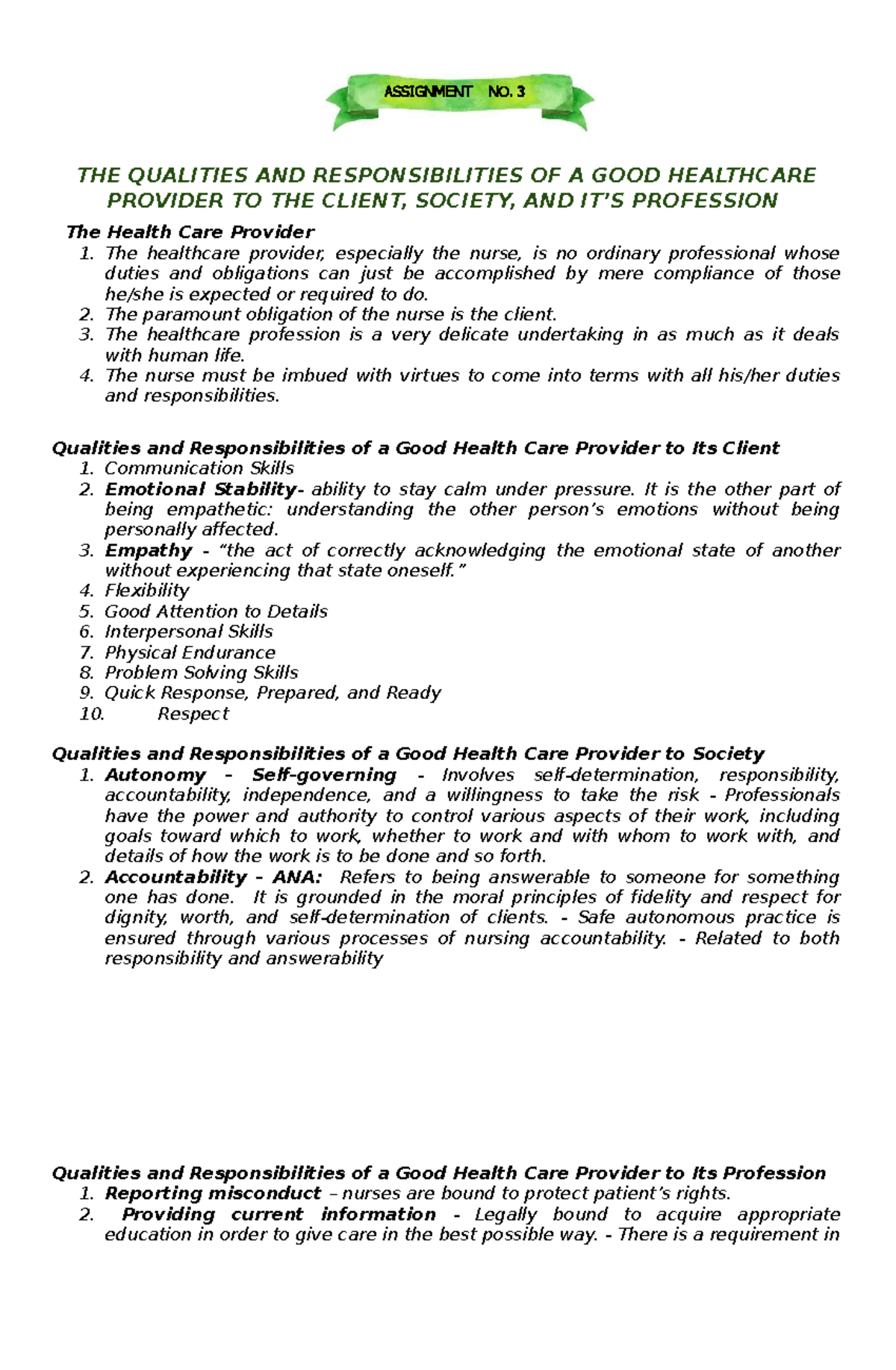 NCM 108 assignment - for nursing students BIOETHICS - THE QUALITIES AND ...