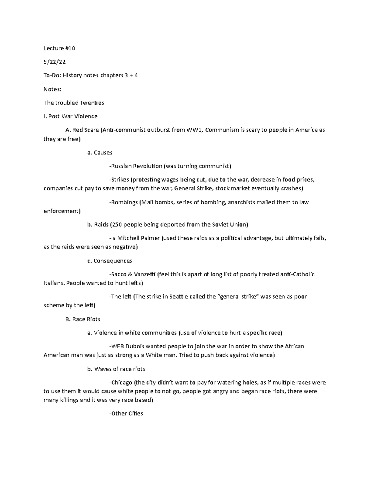 Lecture #10 - Notes from 10th Class - Lecture # 9/22/ To-Do: History ...