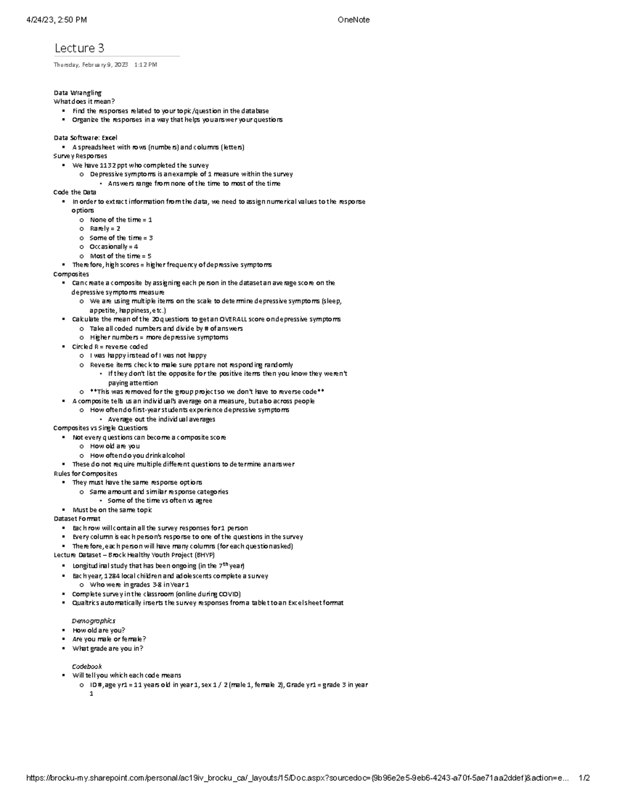 PSYC 4P08 - Lecture 3 - Data Wrangling - 4/24/23, 2:50 PM OneNote - Studocu