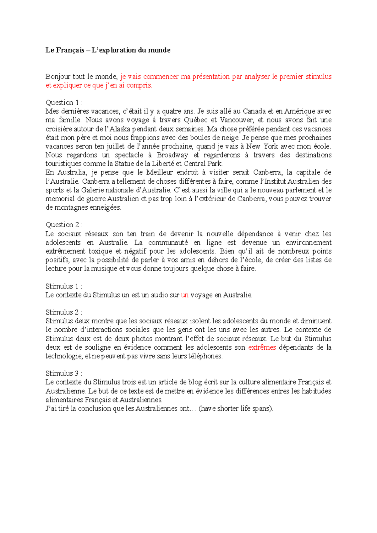 Le Français - Practice material - Le Français – L’exploration du monde ...