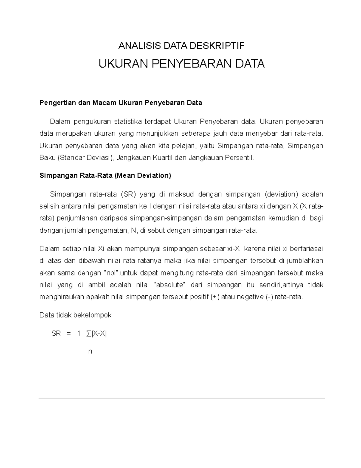Analisis DATA Deskriptif Ukuran Penyebaran Data - ANALISIS DATA ...