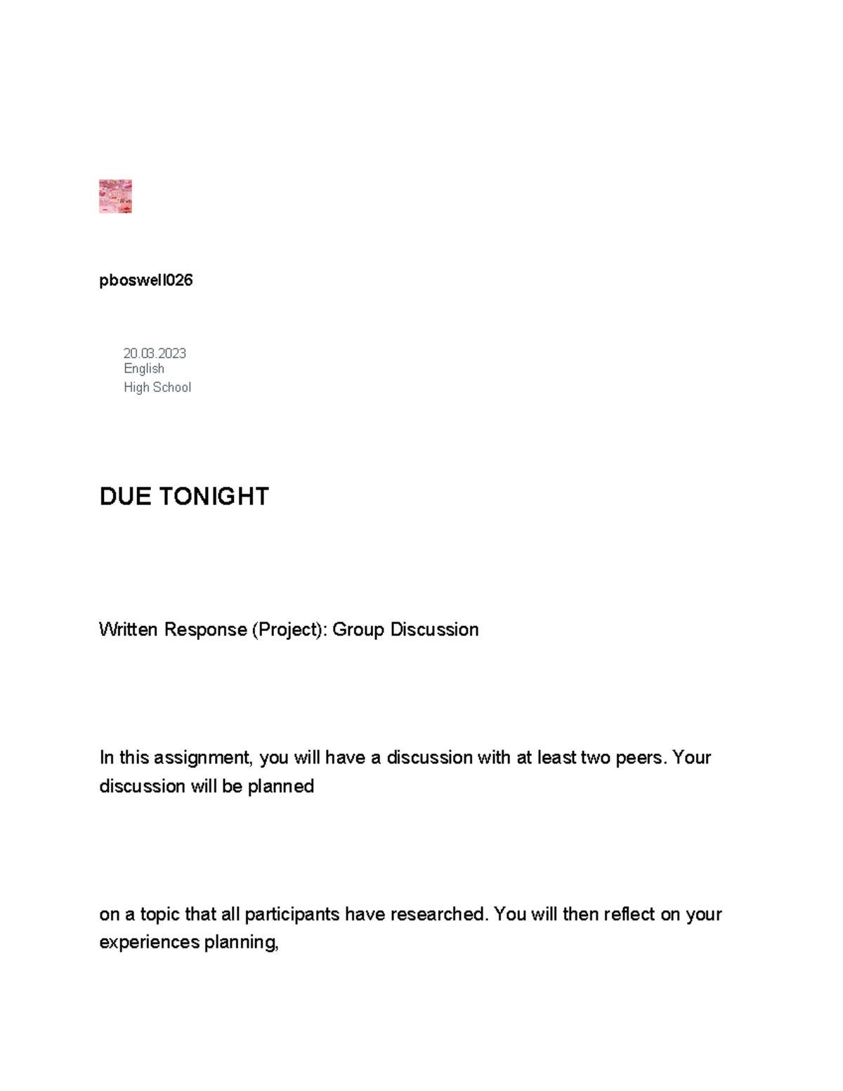 Written Response (Project) Group Discussion Student Guide - pboswell 20 ...