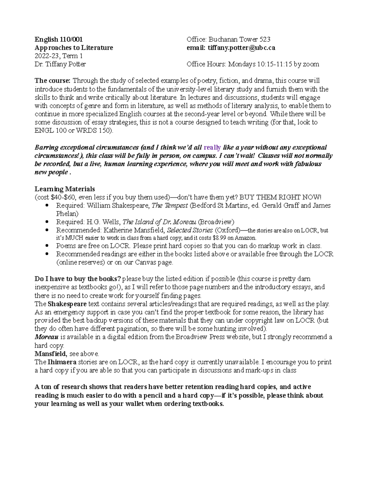 Full Syllabus English 110 Final - English 110/001 Office: Buchanan ...
