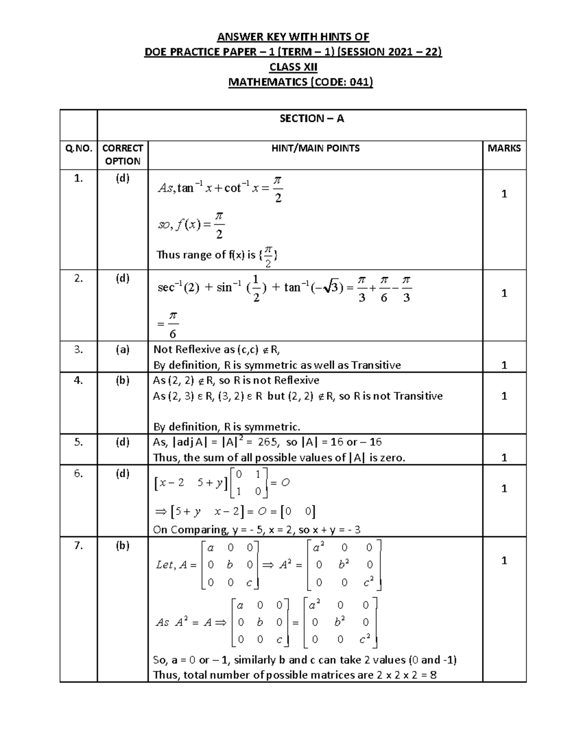 Class 12Mathematics Marking Scheme 01 - ANSWER KEY WITH HINTS OF DOE ...