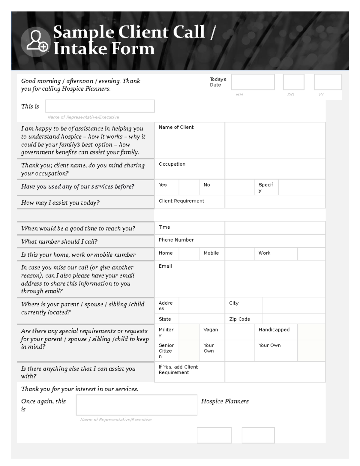 Sample Hospice Client Call g - Sample Client Call / Intake Form Good ...