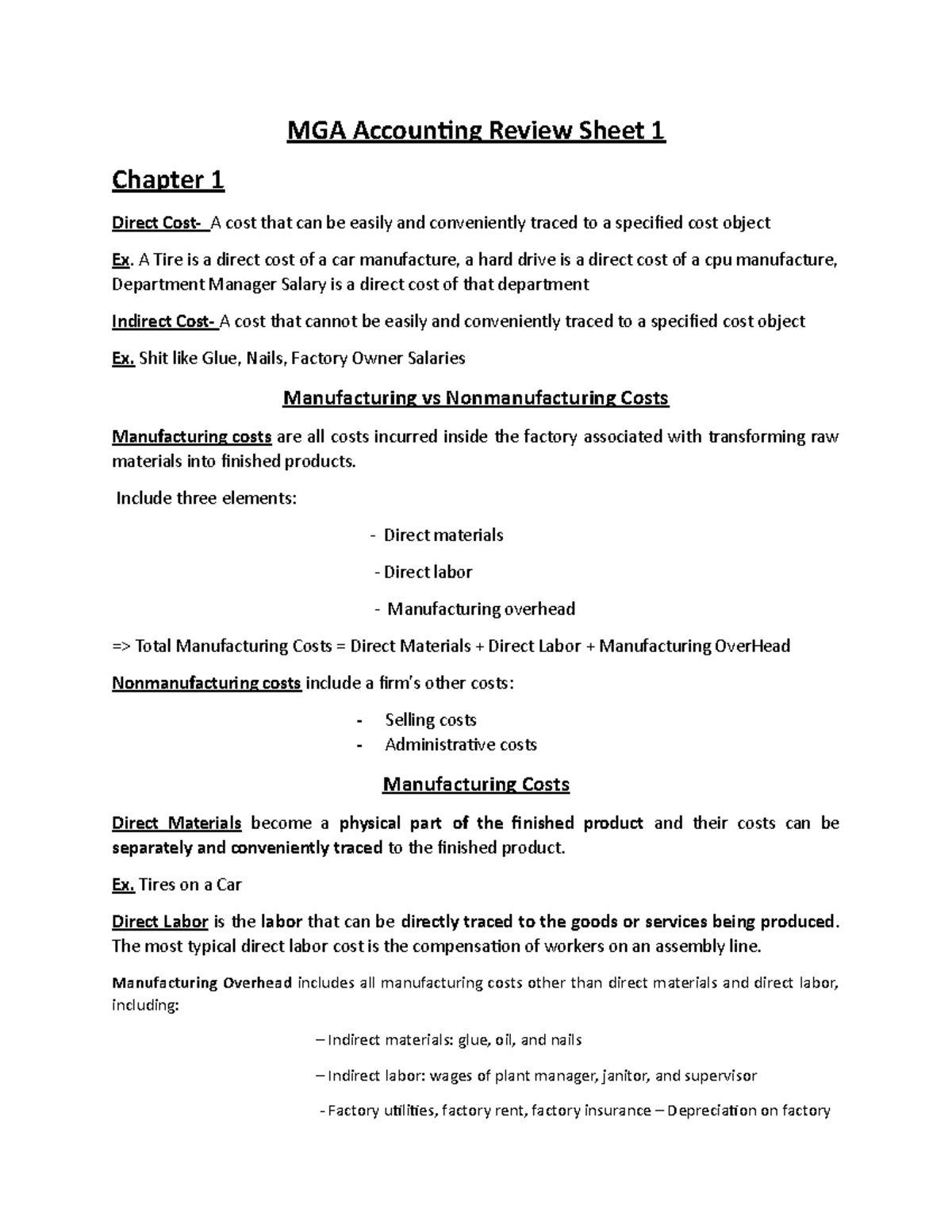 MGA 202 Review Sheet Exam 1 - MGA Accounting Review Sheet 1 Chapter 1 ...