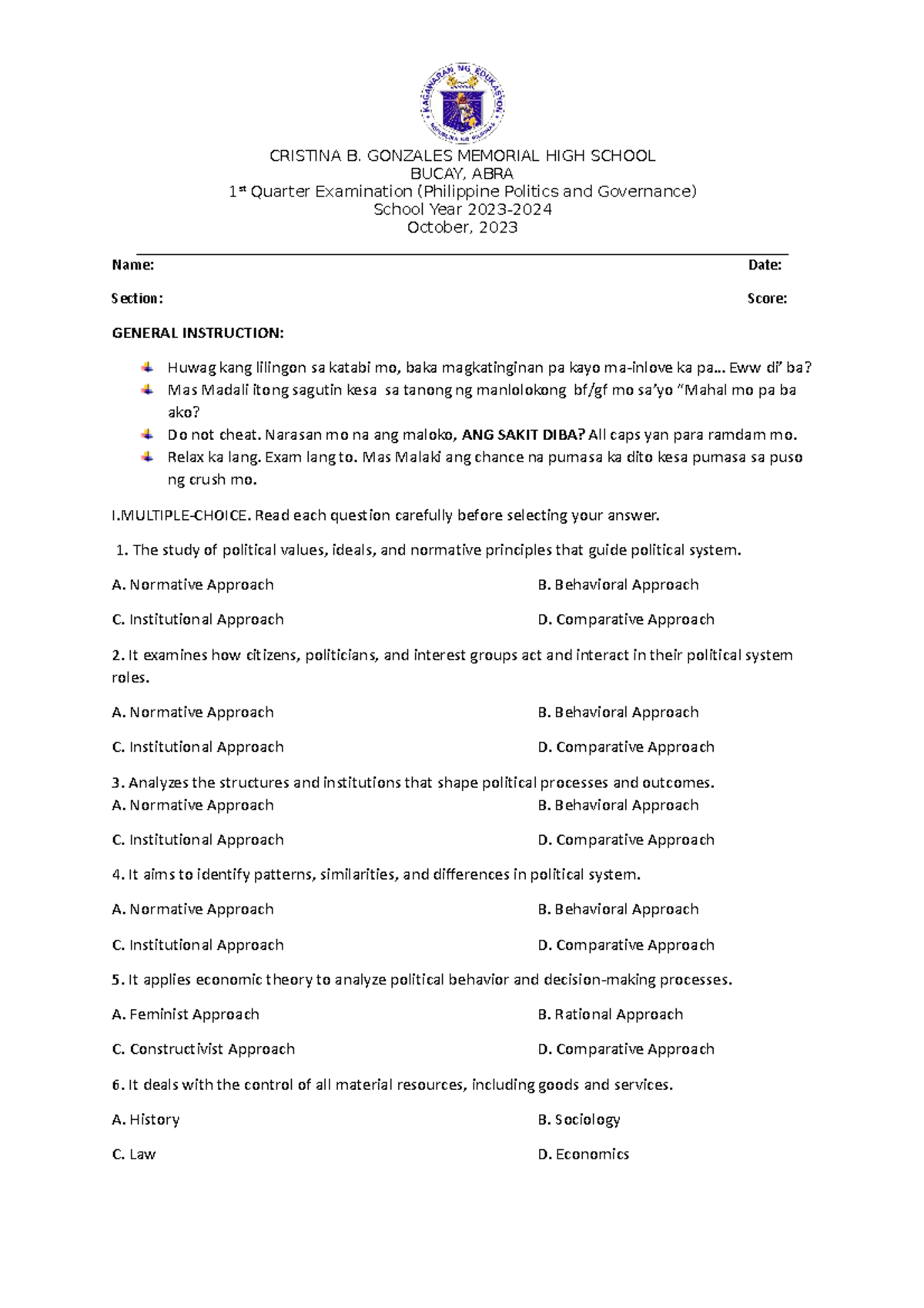 1st Quarter Examination Phil - CRISTINA B. GONZALES MEMORIAL HIGH ...