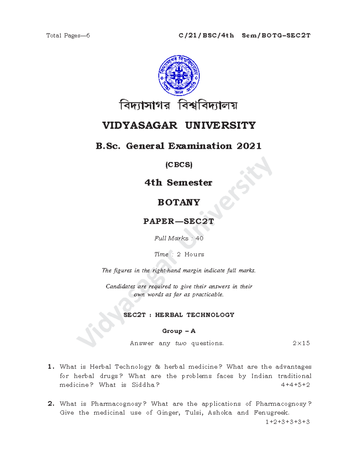 BOTG SEC2T - Vidyasagar University English question paper pdf - Vidyasagar University Total ...