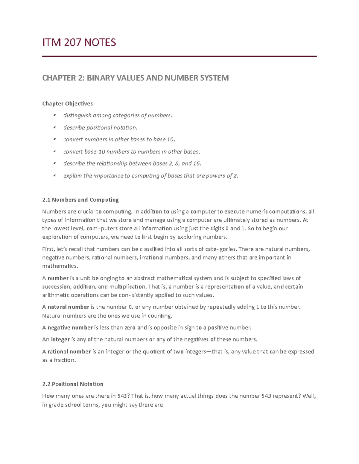 ITM 207 - Chapter 2 Notes - ITM 207 NOTES CHAPTER 2: BINARY VALUES AND ...