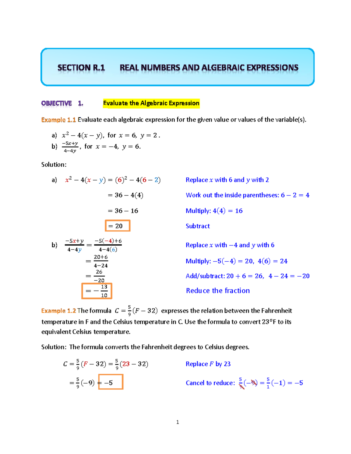 R.1 real numbers & algebraic expressions - Evaluate the Algebraic ...