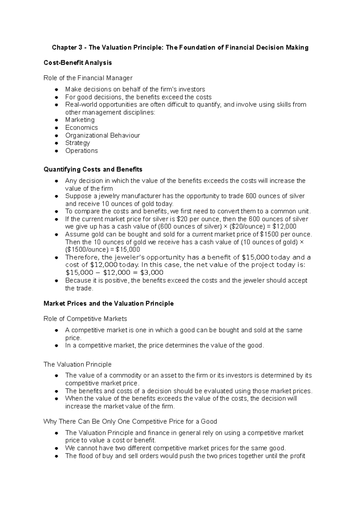 BFIN301 Chapter Three Notes - Chapter 3 - The Valuation Principle: The ...