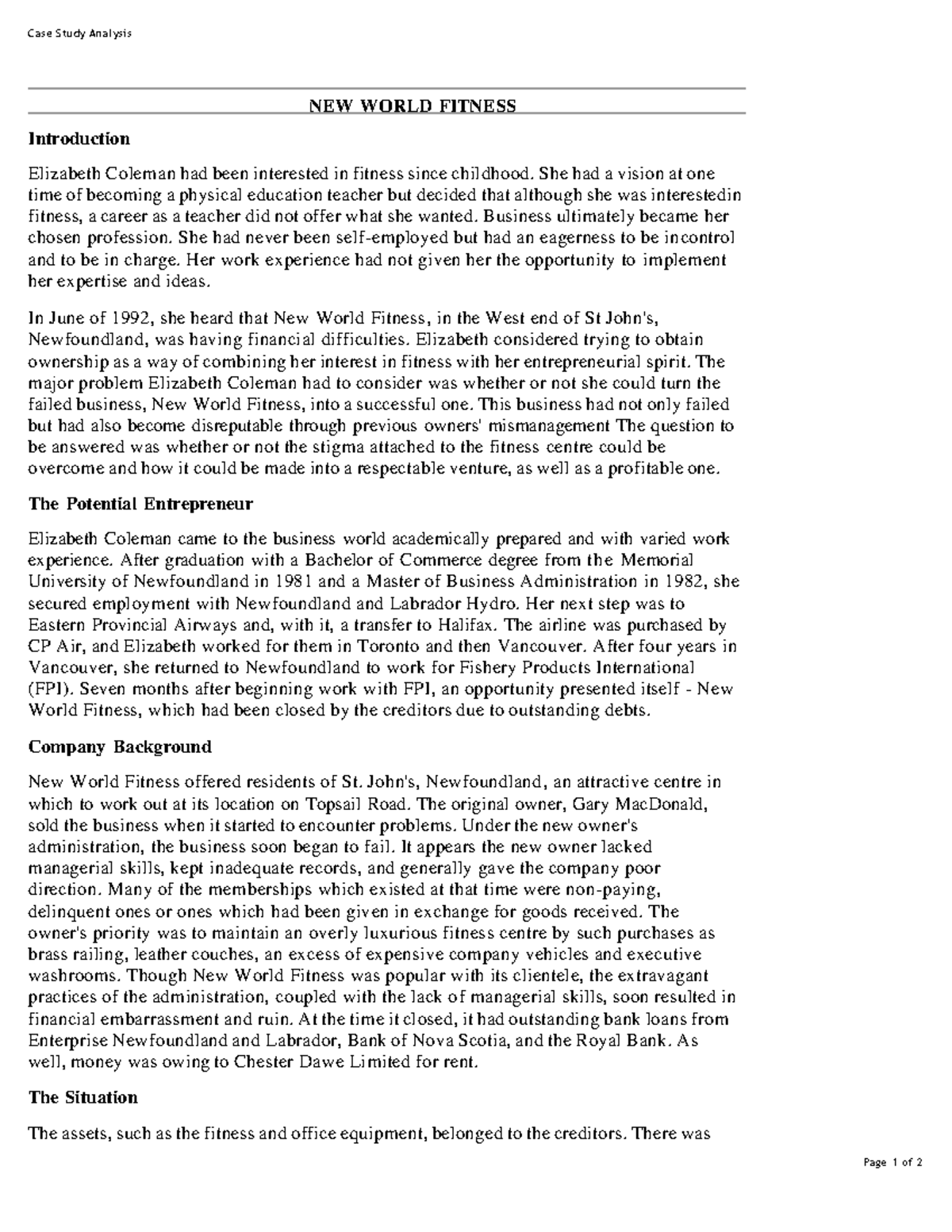 Case study Analysis- New World Fitness - Case Study Analysis Page 1 of 2 Introduction NEW WORLD ...