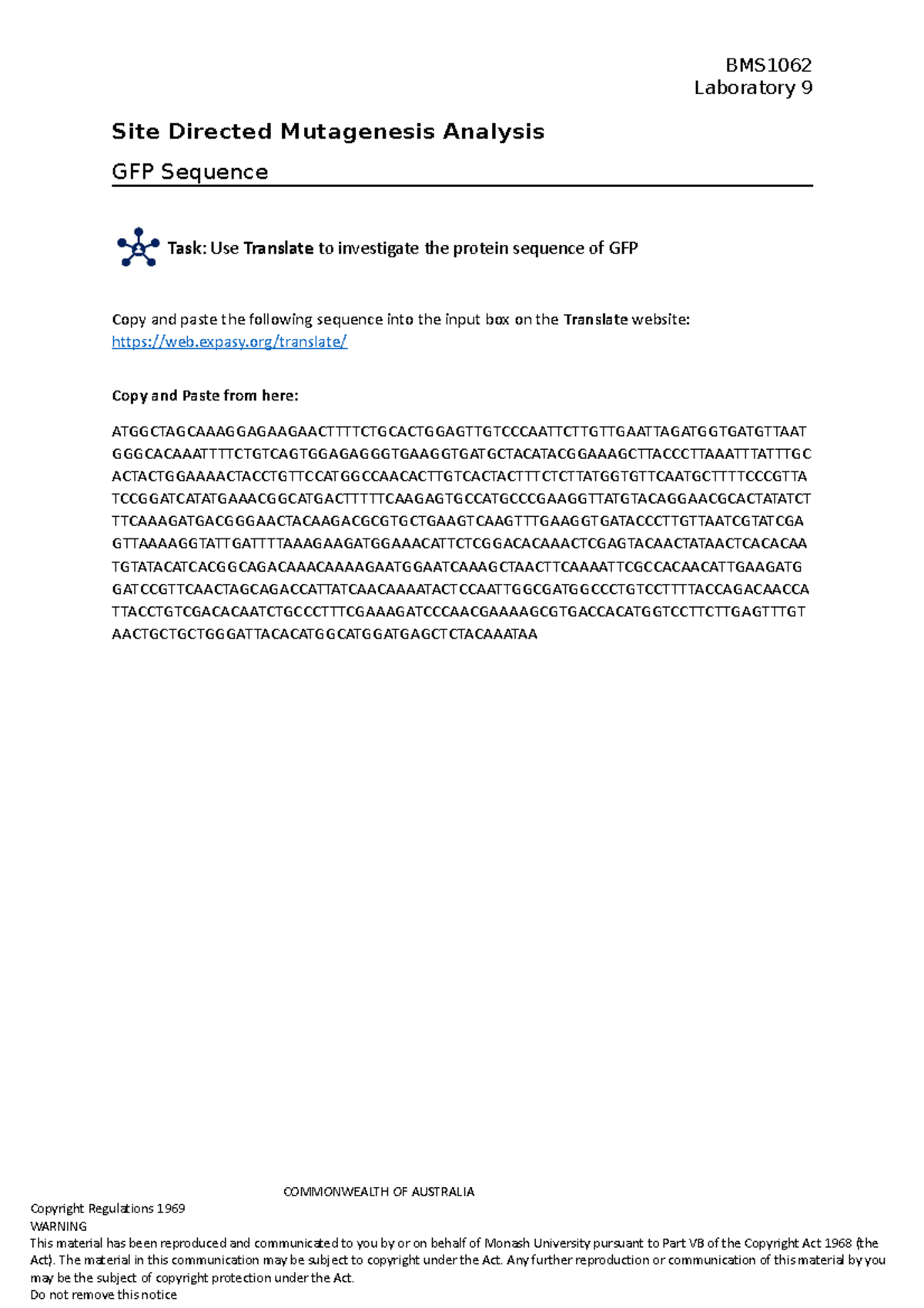 GFP Sequence 2022 - good shit - BMS Laboratory 9 Site Directed ...