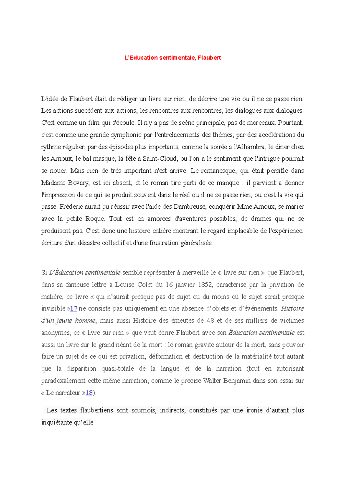 Plan - notes de L’Education sentimentale, Flaubert - L’Education ...